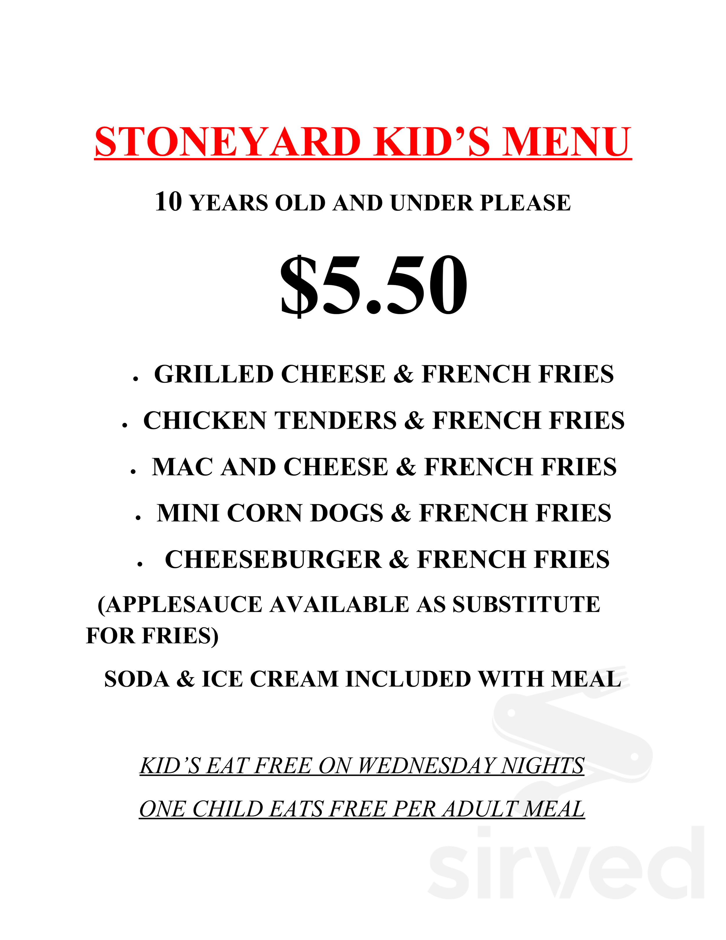 The StoneYard menu in Appleton, Wisconsin, USA