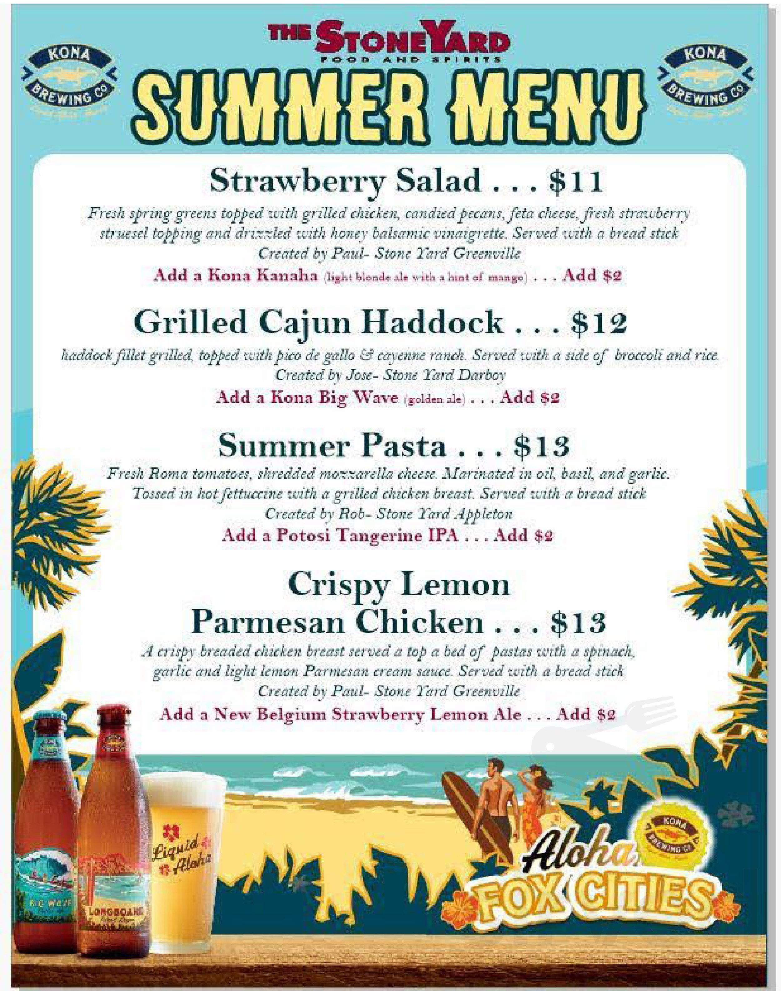 The StoneYard menu in Appleton, Wisconsin, USA