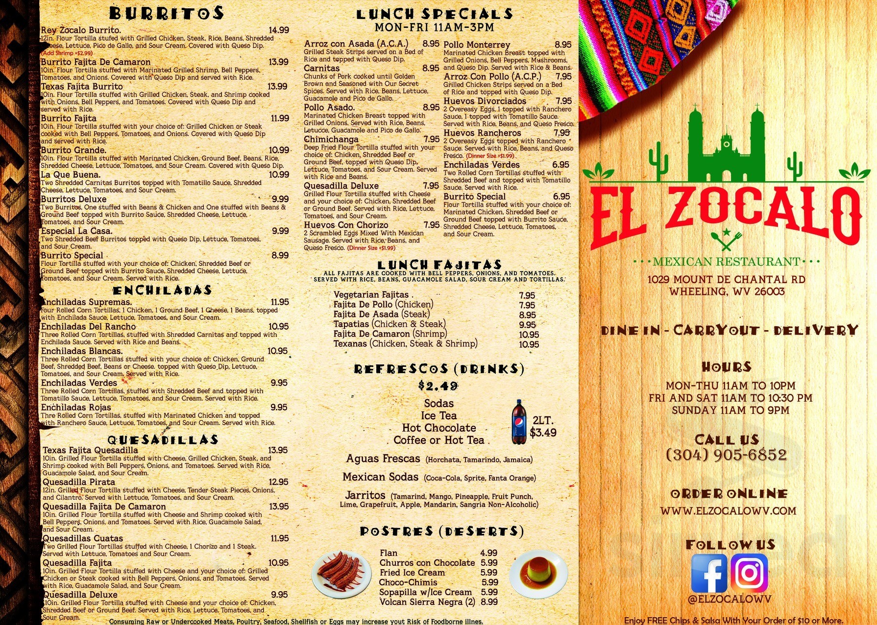 El Zocalo Mexican Restaurant menu in Wheeling, West Virginia, USA