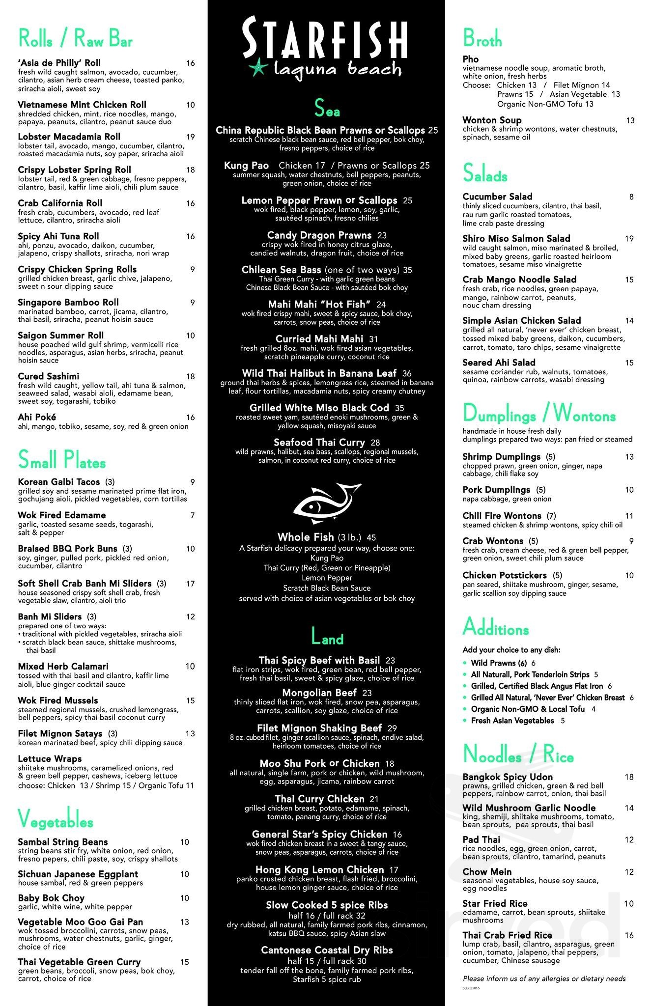 Starfish-Laguna Beach menu in Laguna Beach, California, USA