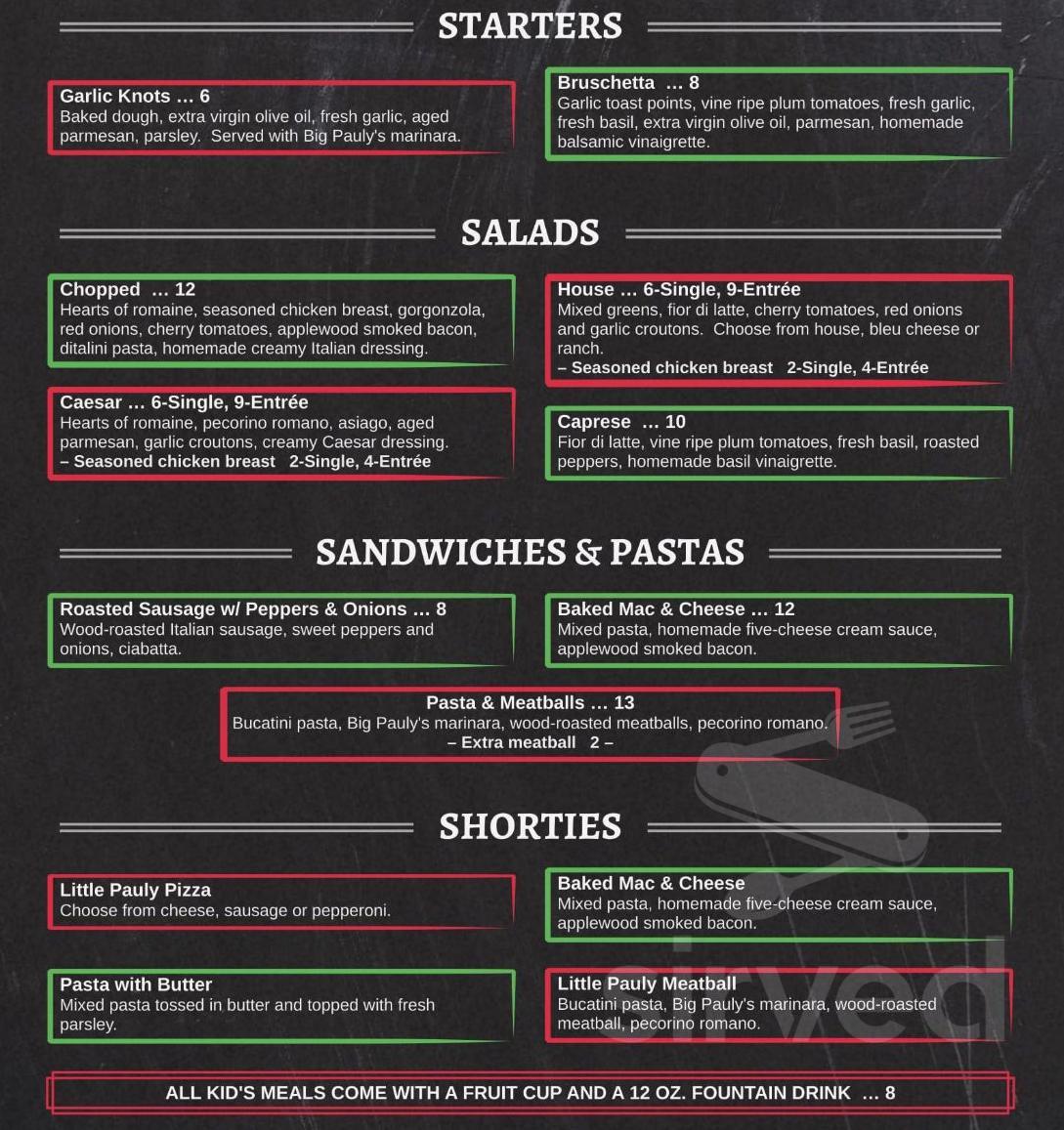 Big Pauly's Wood Fired PIZZA menu in Plainfield, Illinois, USA