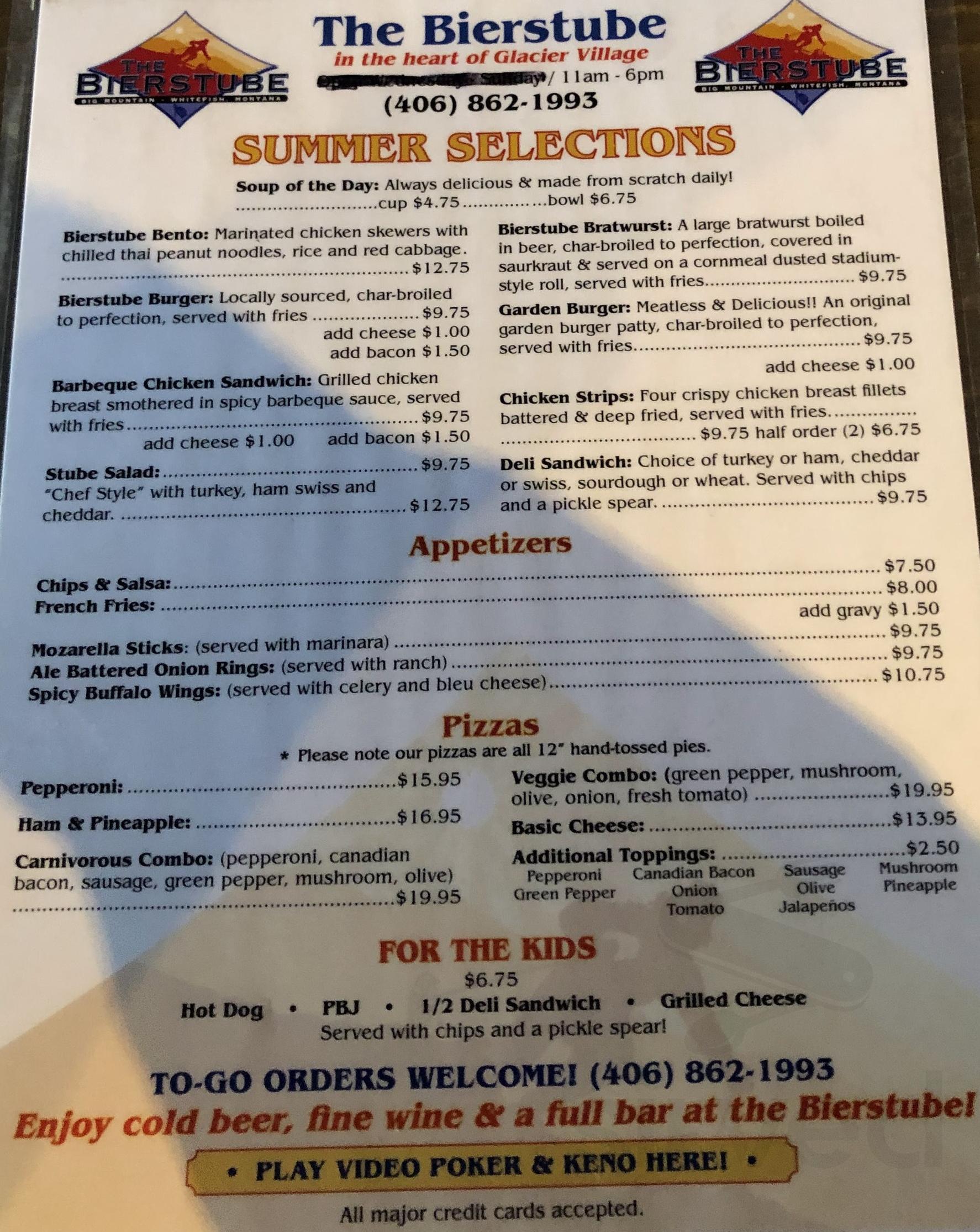 The Bierstube menu in Whitefish, Montana, USA