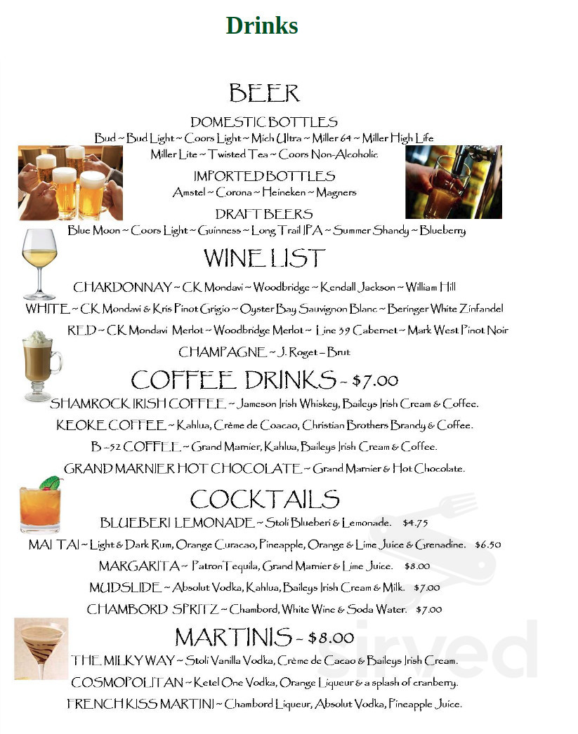 Shamrock Pub menu in Boston, Massachusetts, USA