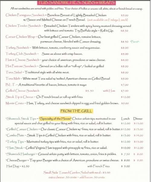 Shamrock Pub menu in Boston, Massachusetts, USA