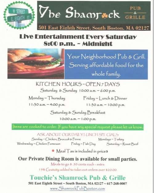 Shamrock Pub menu in Boston, Massachusetts, USA