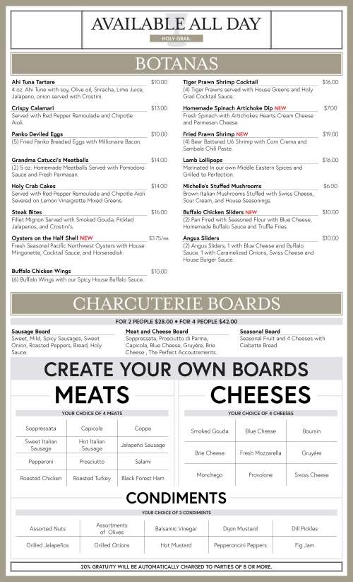 The Holy Grail menu in El Paso, Texas, USA