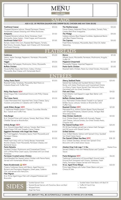 The Holy Grail menu in El Paso, Texas, USA