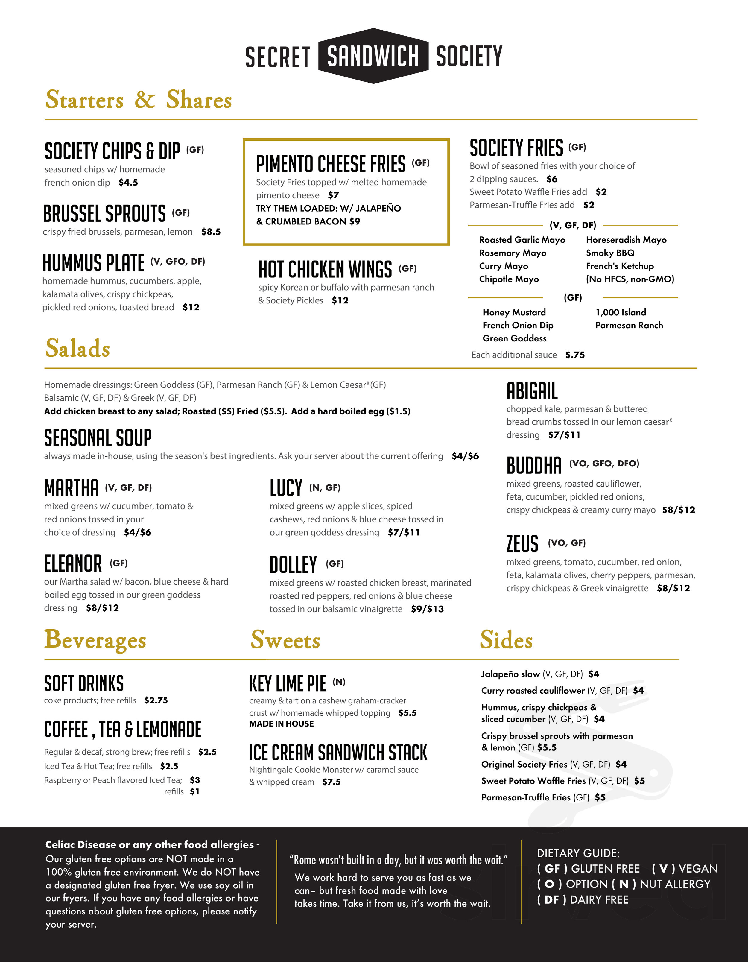 Menu for Secret Sandwich Society in Fayetteville, WV | Sirved