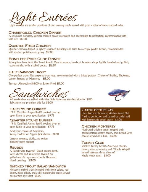 Rainbow Trout and Game Ranch, Inc. menu in Rockbridge, Missouri, USA