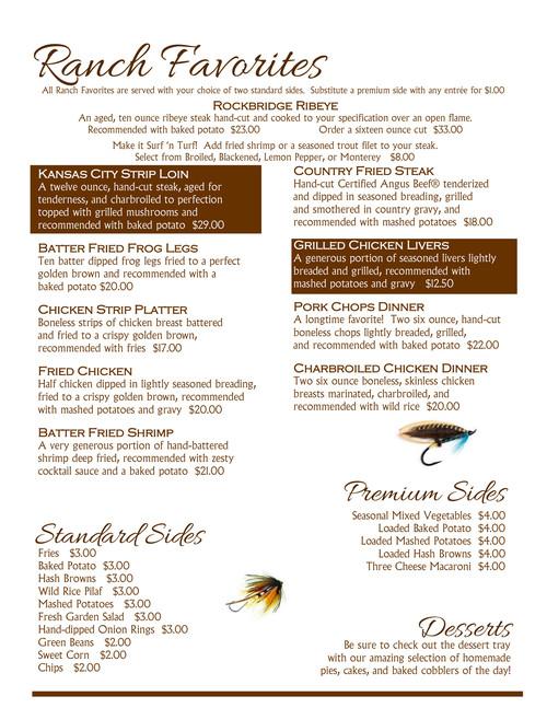 Rainbow Trout and Game Ranch, Inc. menu in Rockbridge, Missouri, USA