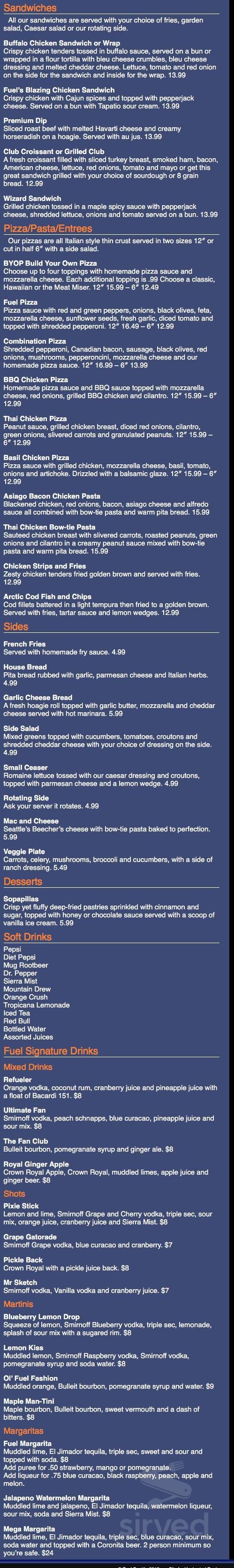Menu - Seattle WA's Fuel Sports | Sirved