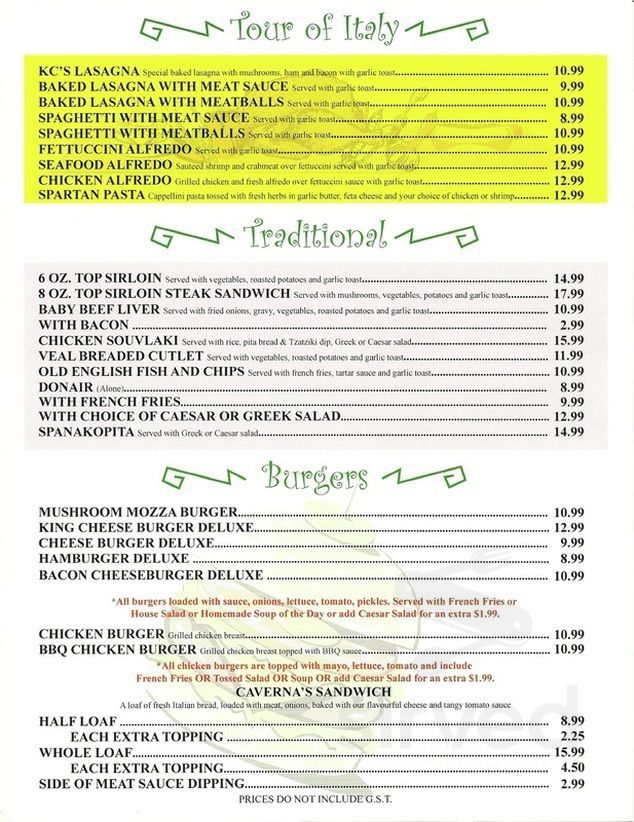 K C's Restaurant & Lounge menu in Stony Plain, Alberta, Canada