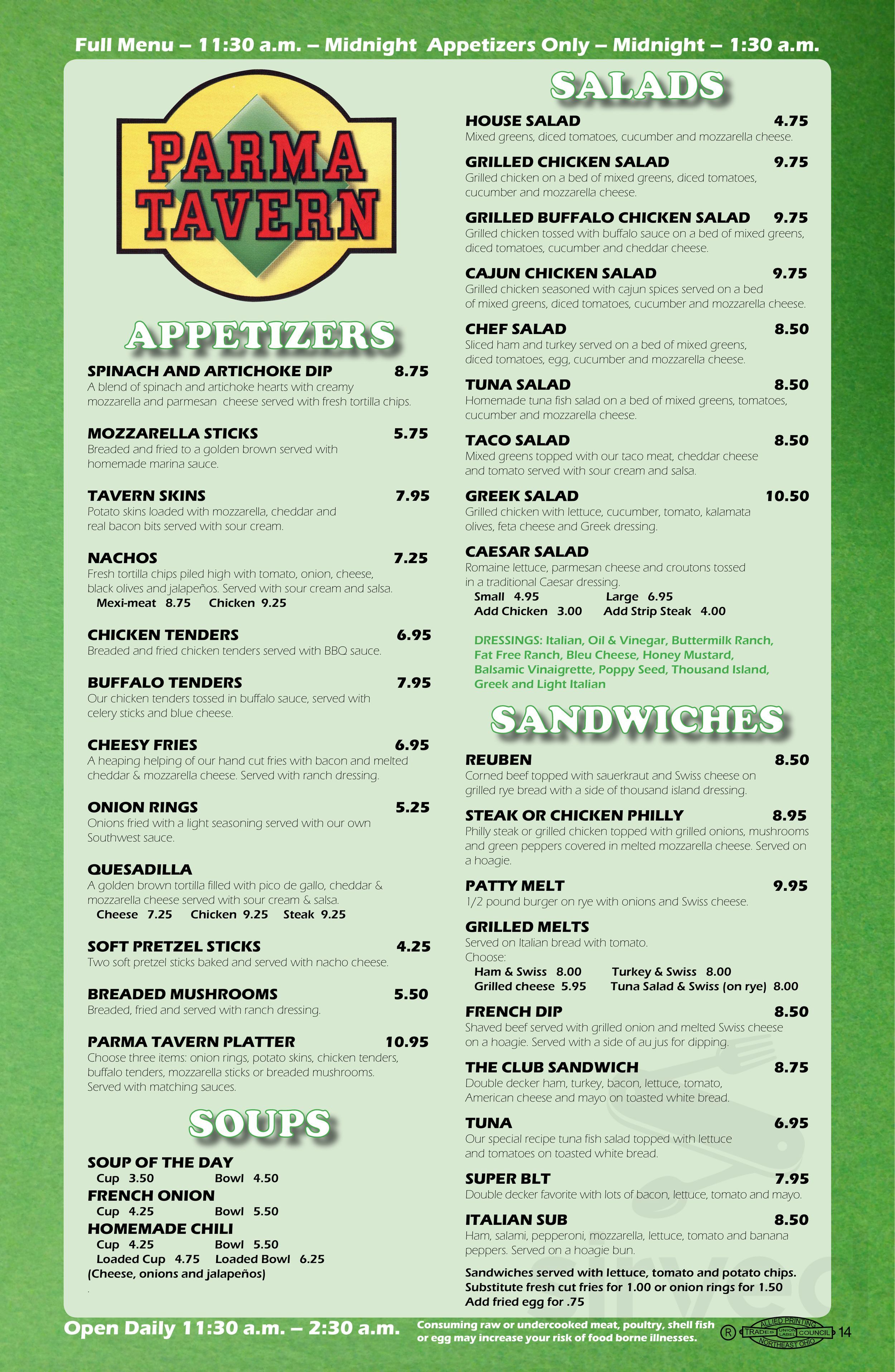 Parma Tavern menu in Cleveland, Ohio, USA