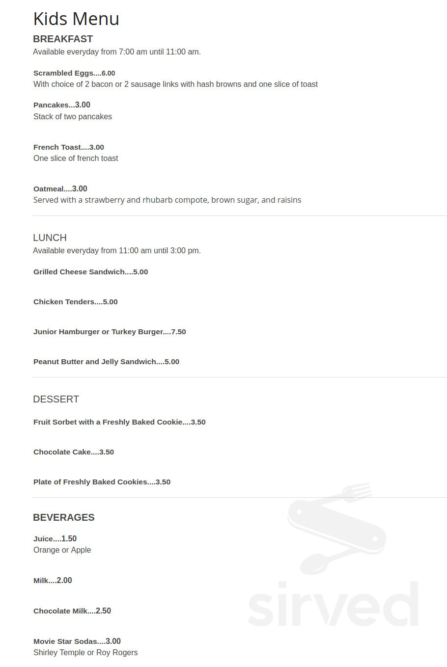 Menu for Desert Willow Golf Resort in Palm Desert, CA | Sirved