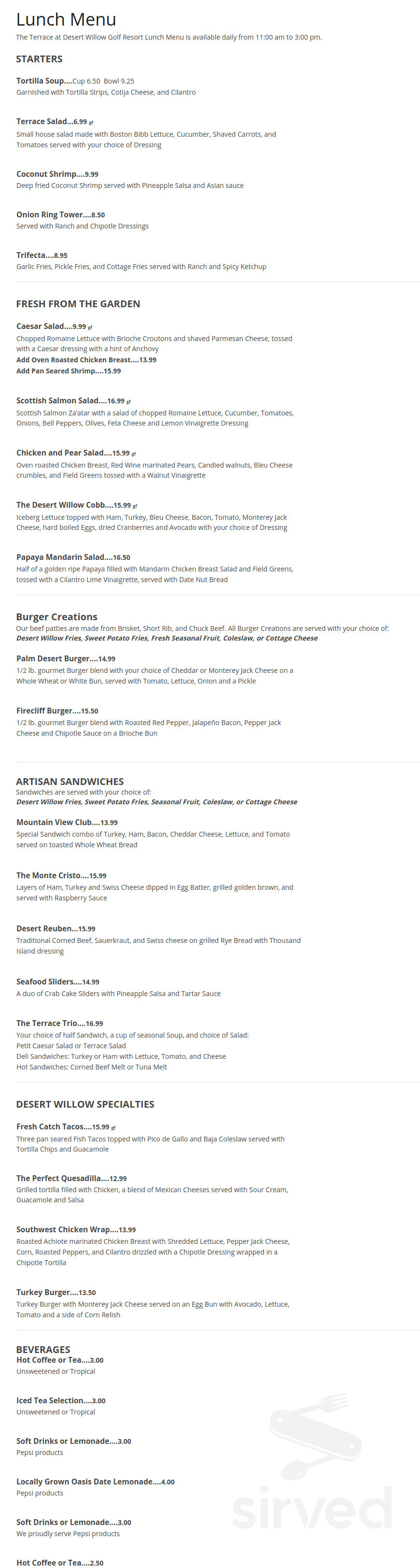 Menu for Desert Willow Golf Resort in Palm Desert, CA | Sirved