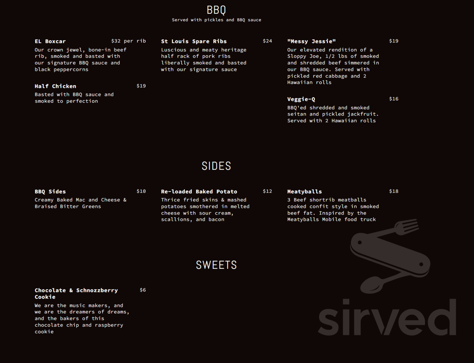 Menu for Boxcar BBQ in Chicago, IL | Sirved