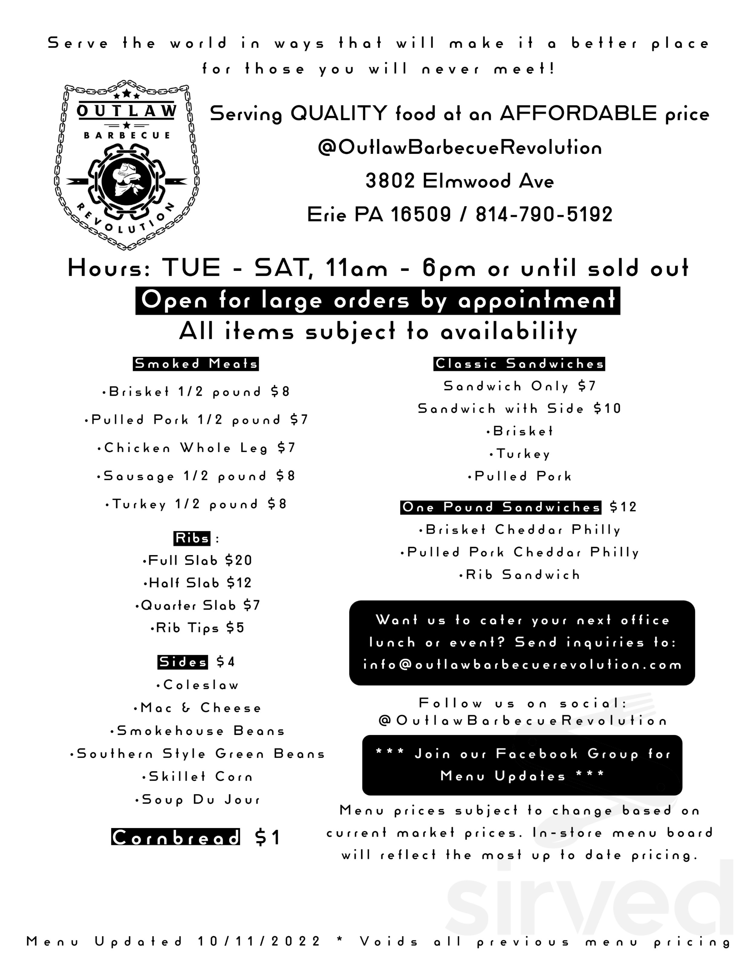 Outlaw Barbecue Revolution menu in Erie, Pennsylvania, USA