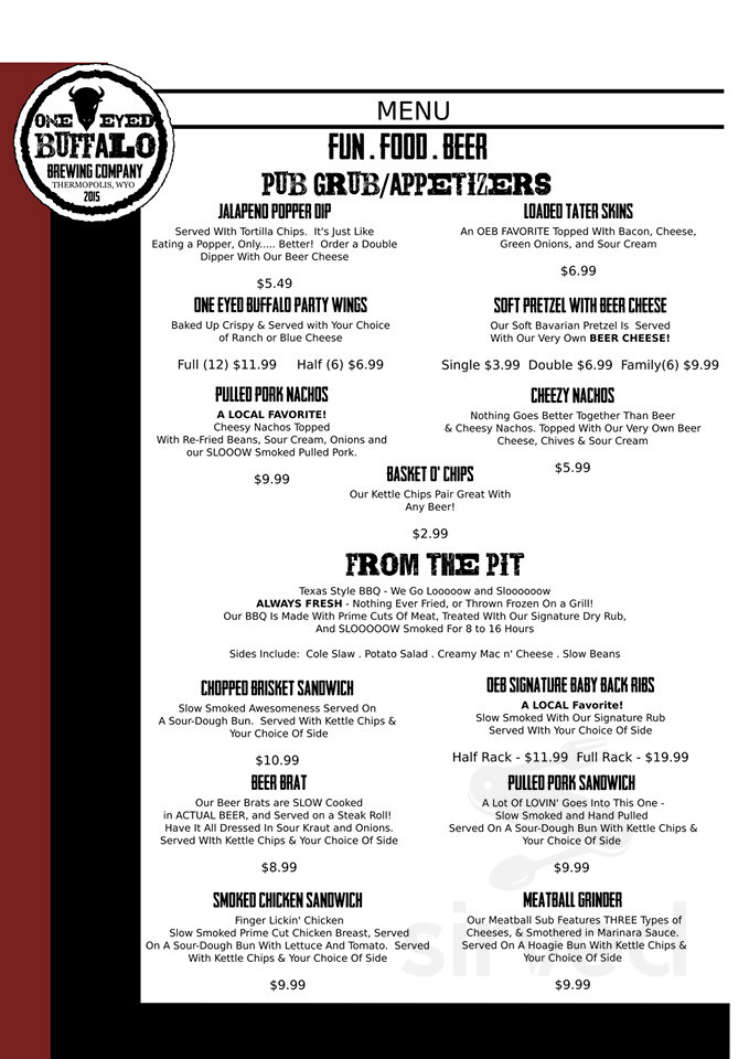 One Eyed Buffalo Brewing Company menus in Thermopolis, Wyoming, United ...