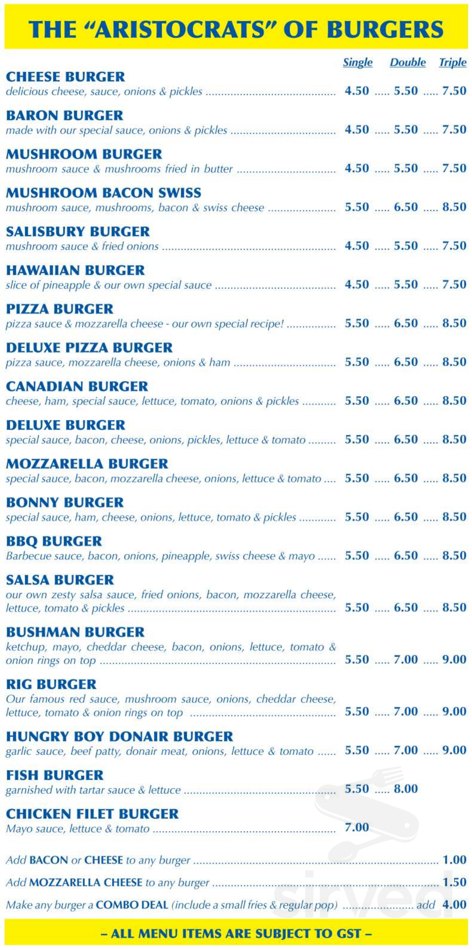 Burger Baron & Pizza menu in Bonnyville, Alberta, Canada