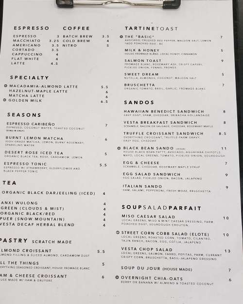 Vesta Coffee Roasters menu in Las Vegas, Nevada, USA