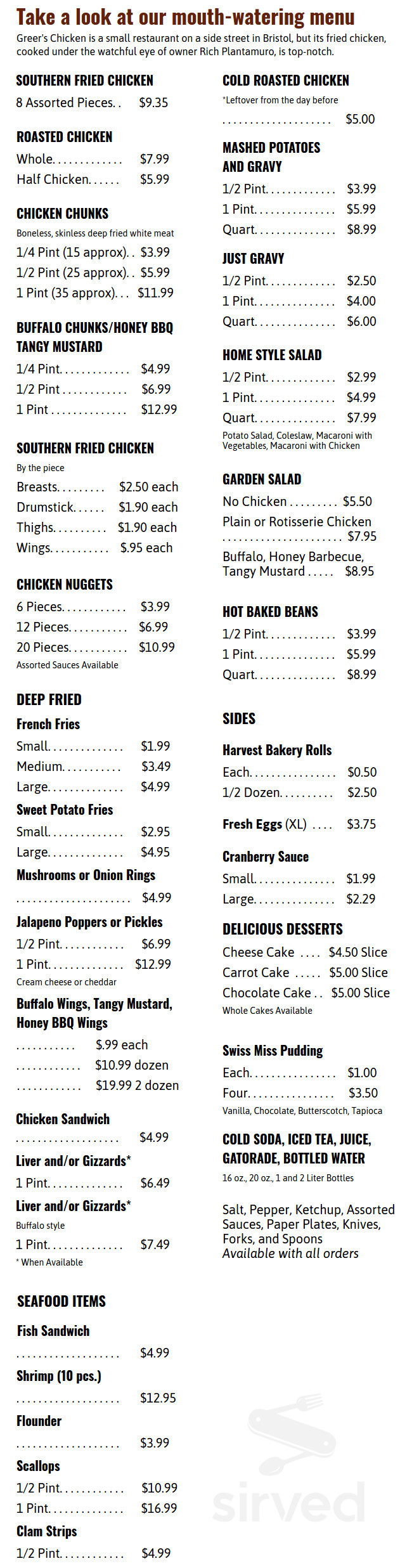 Menu for Greer's Chicken in Bristol, CT | Sirved