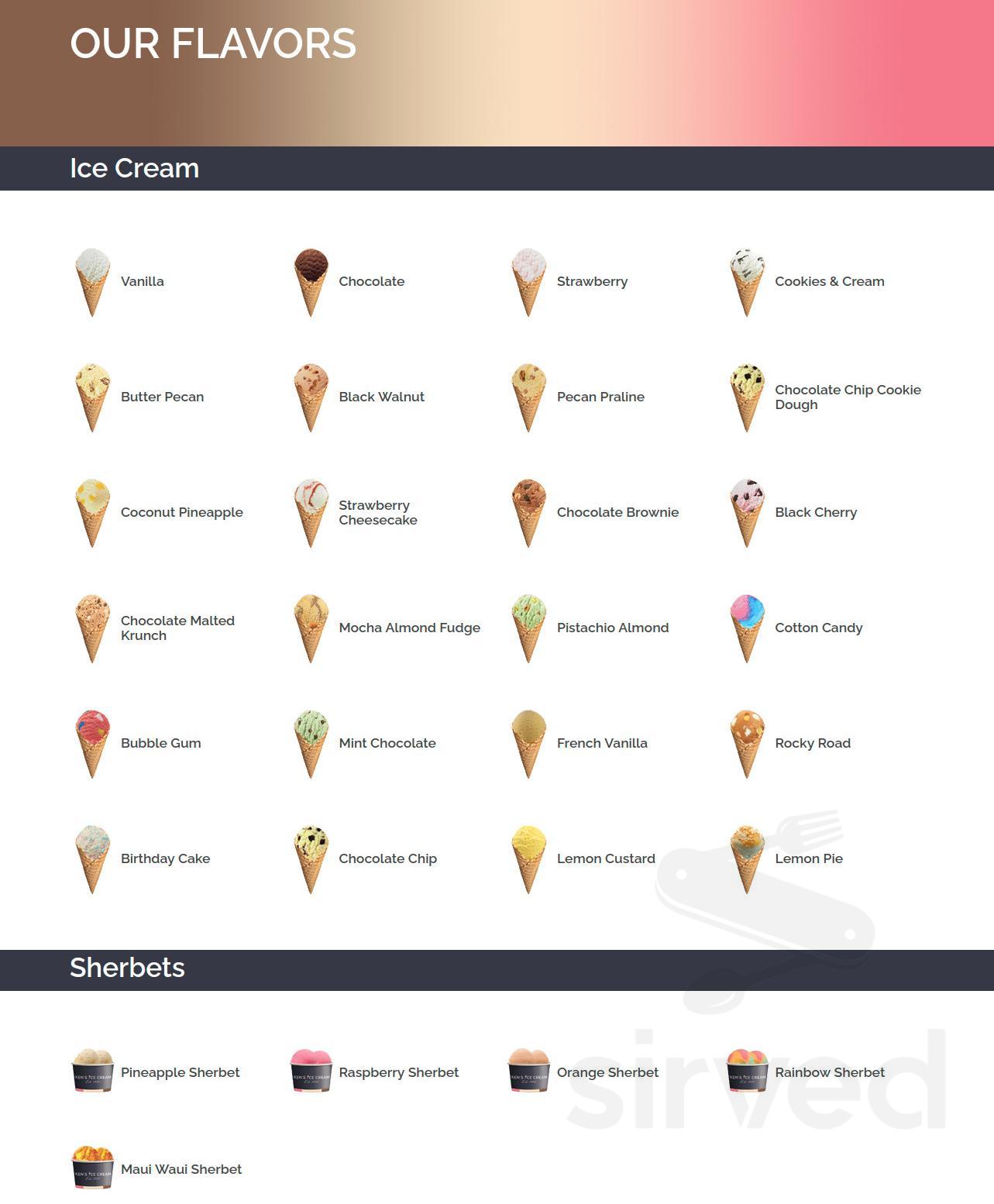Ken's Ice Cream Parlor menu in Carson, California, USA
