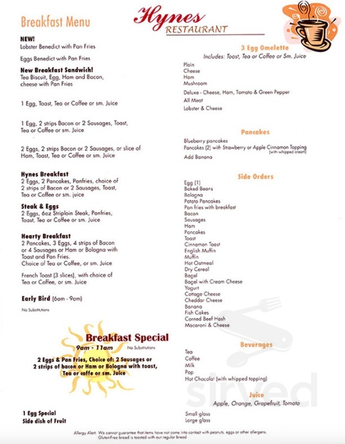 Hynes Restaurant menu in Moncton, New Brunswick, Canada