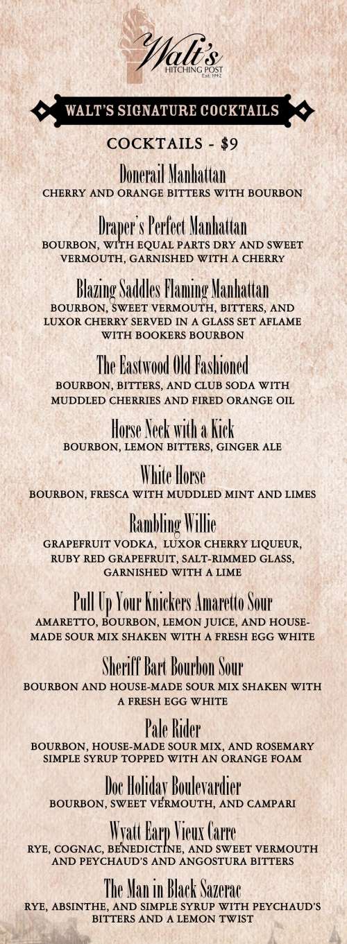 Walt's Hitching Post menu in Fort Wright, Kentucky, USA
