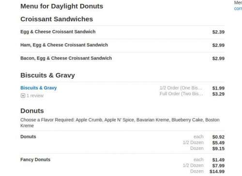 Daylight Donuts menu in Topeka, Kansas, USA
