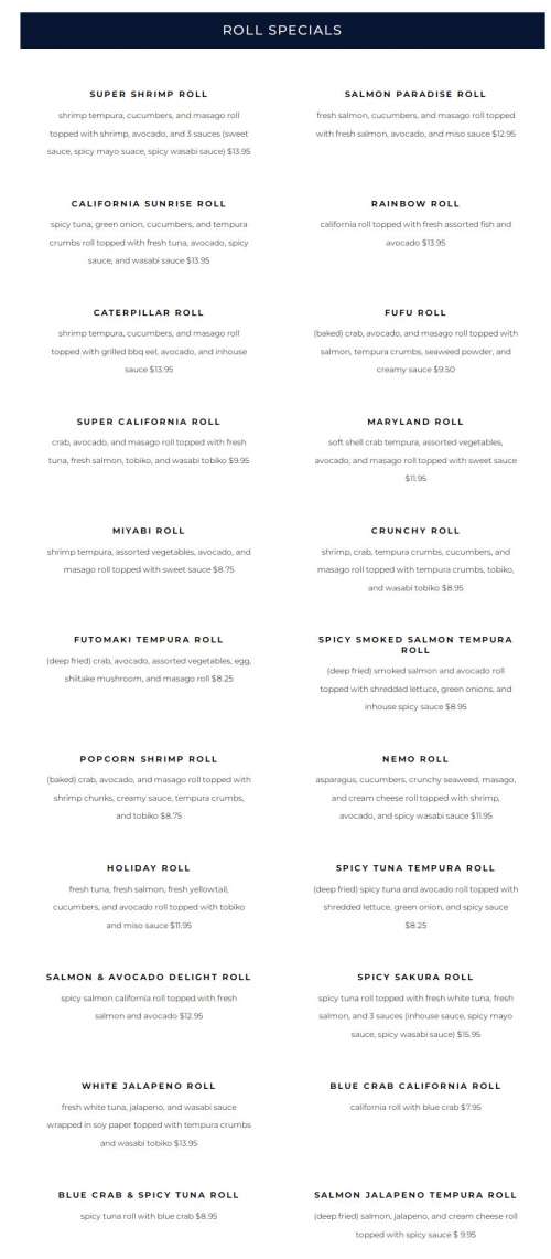 Endo Sushi menu in Arlington, Virginia, USA