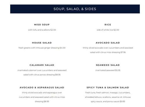 Endo Sushi menu in Arlington, Virginia, USA