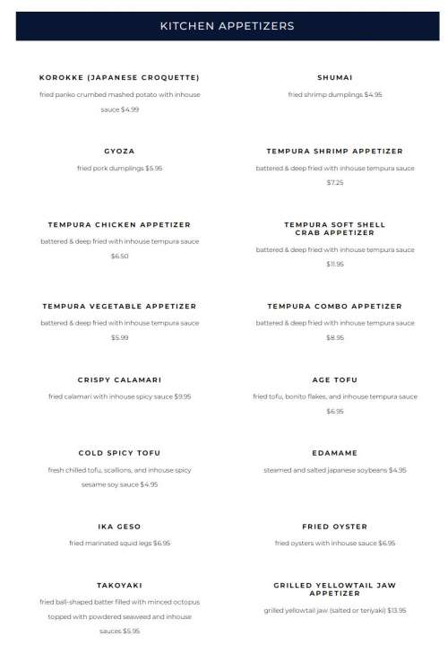 Endo Sushi menu in Arlington, Virginia, USA