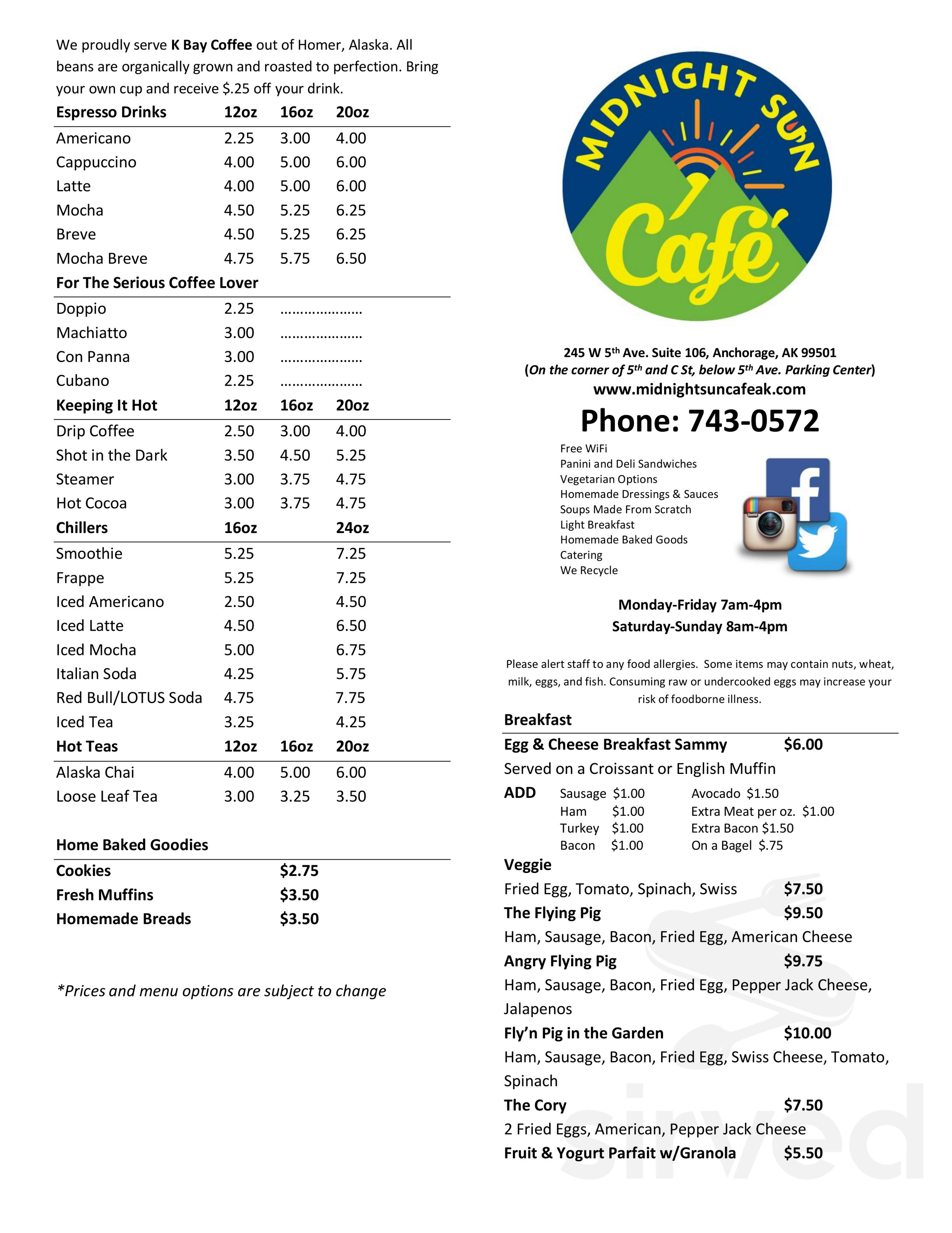 Midnight Sun Cafe menu in Anchorage, Alaska, USA