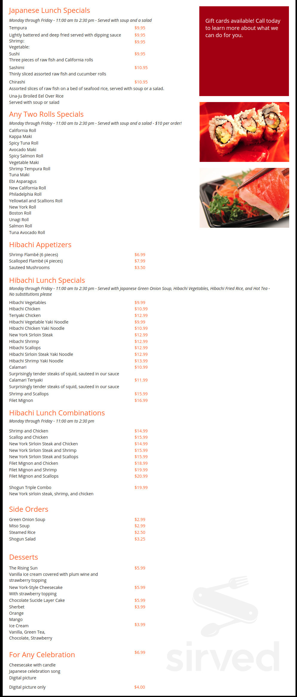 Shogun Japanese Steak House menu in Monroeville, Pennsylvania, USA