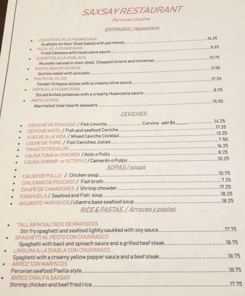 Saxsay menu in Lauderhill, Florida, USA