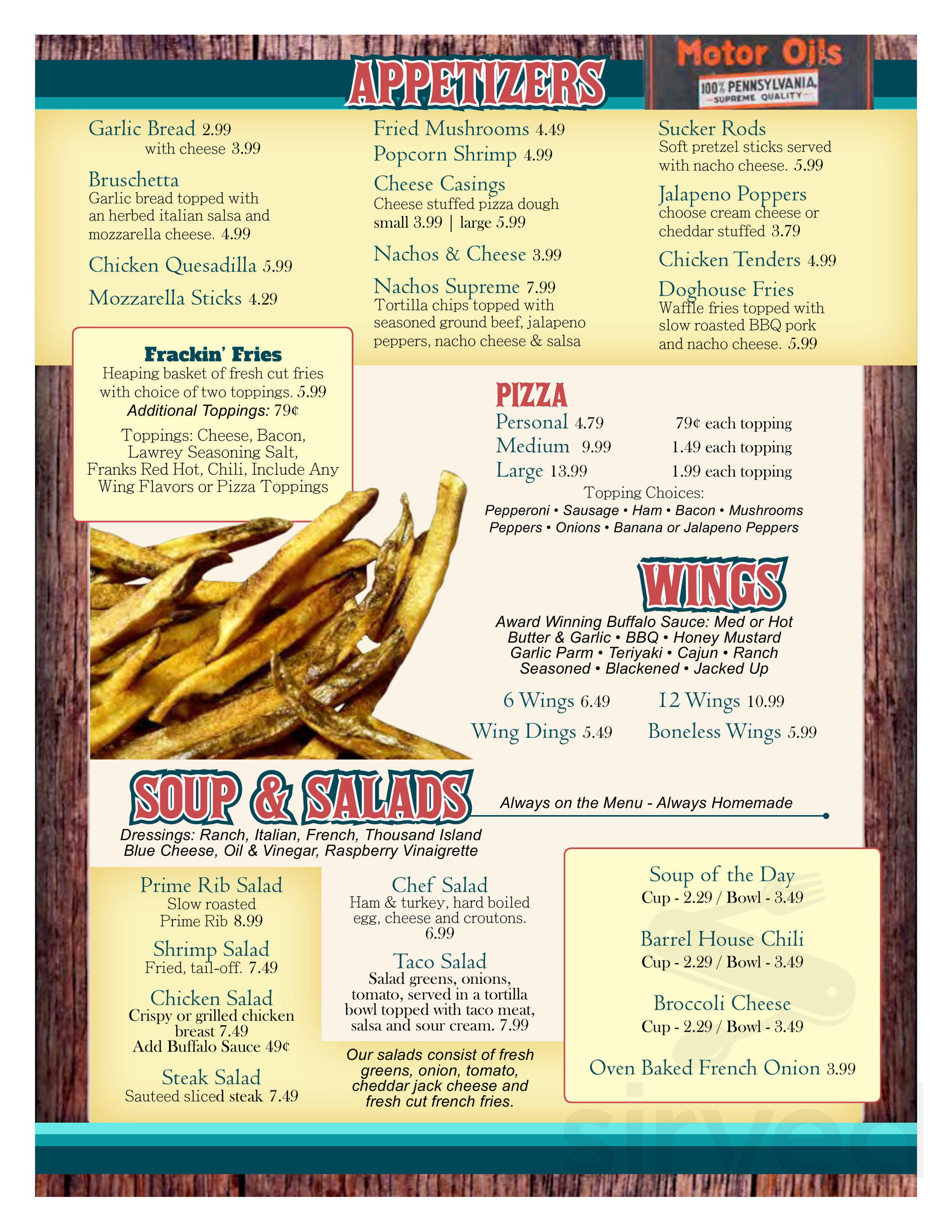 Barrel House menu in Kane, Pennsylvania, USA