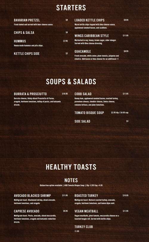 The Pint and Brew menu in Tampa, Florida, USA