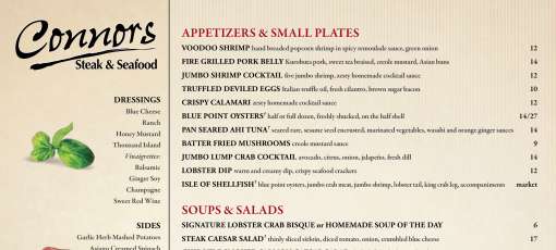 Menu for Connors Steak & Seafood in Louisville, KY | Sirved