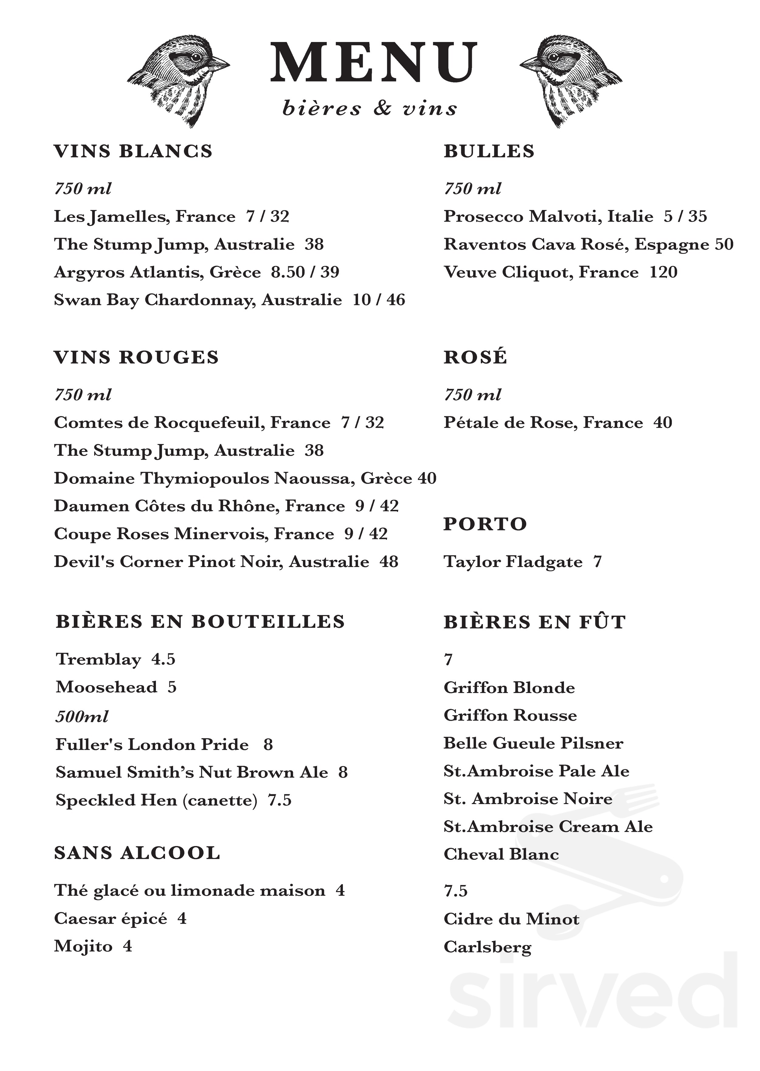 Bar Le Sparrow menus in Montréal, Quebec, Canada