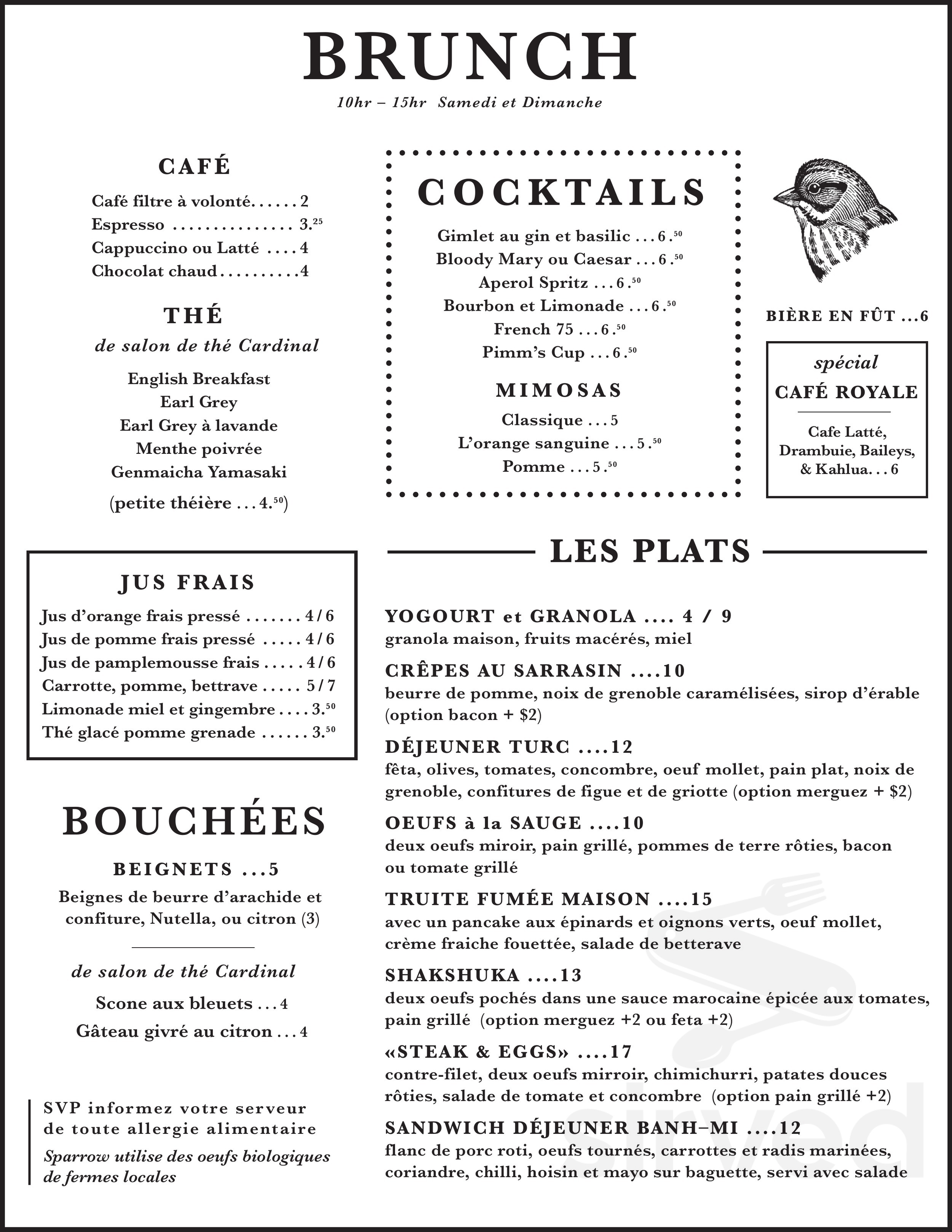 Bar Le Sparrow menus in Montréal, Quebec, Canada