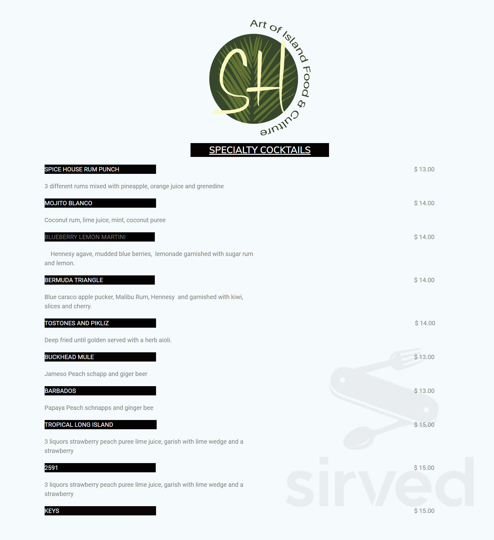 Spice House Buckhead menu in Atlanta, Georgia, USA