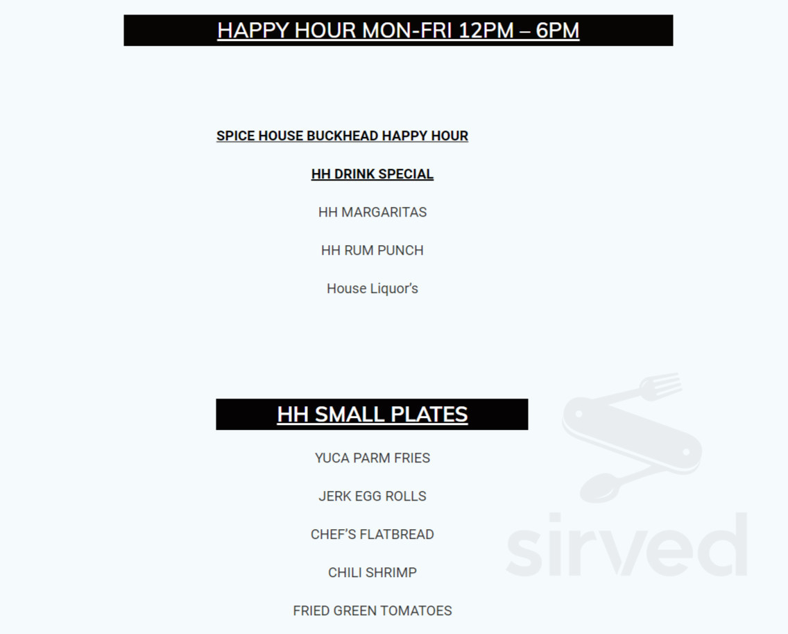 Spice House Buckhead menu in Atlanta, Georgia, USA