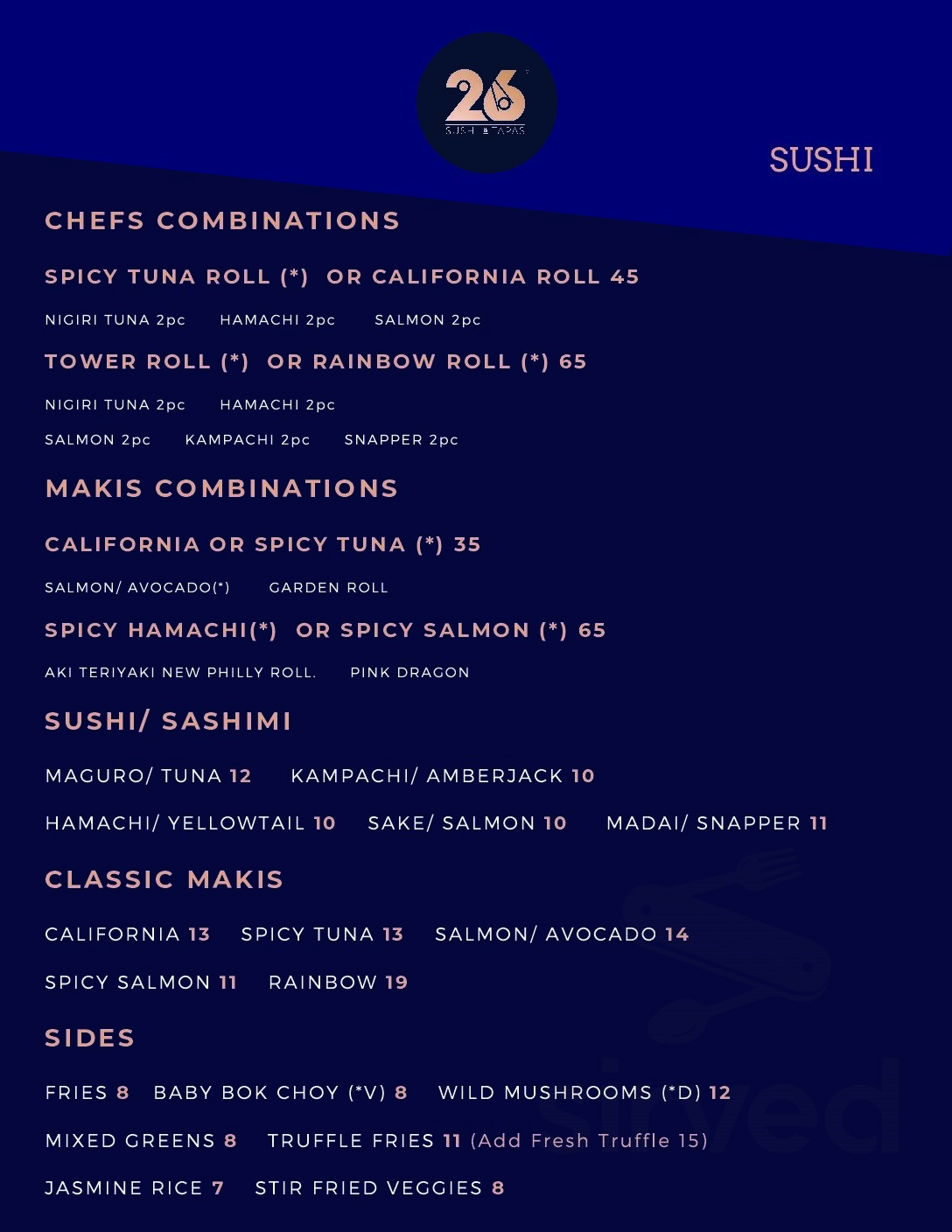 Menu - Surfside FL's 26 Sushi & Tapas | Sirved