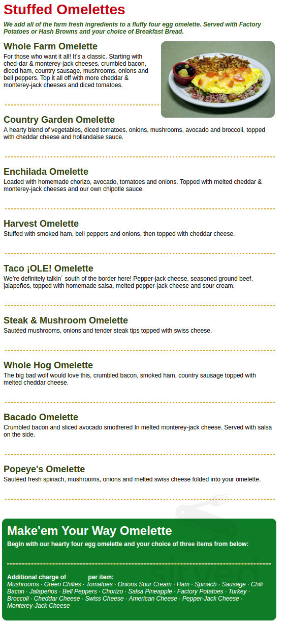 The Egg Factory menu in Nampa, Idaho, USA