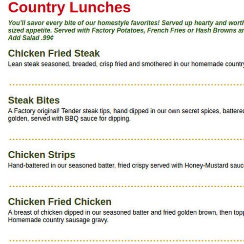 The Egg Factory menu in Nampa, Idaho, USA