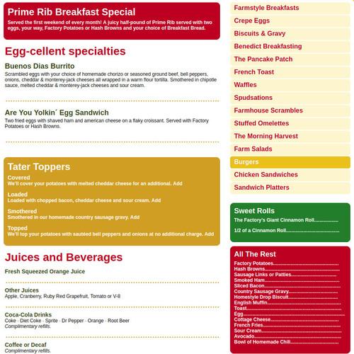 The Egg Factory menu in Lakeland, Florida, USA