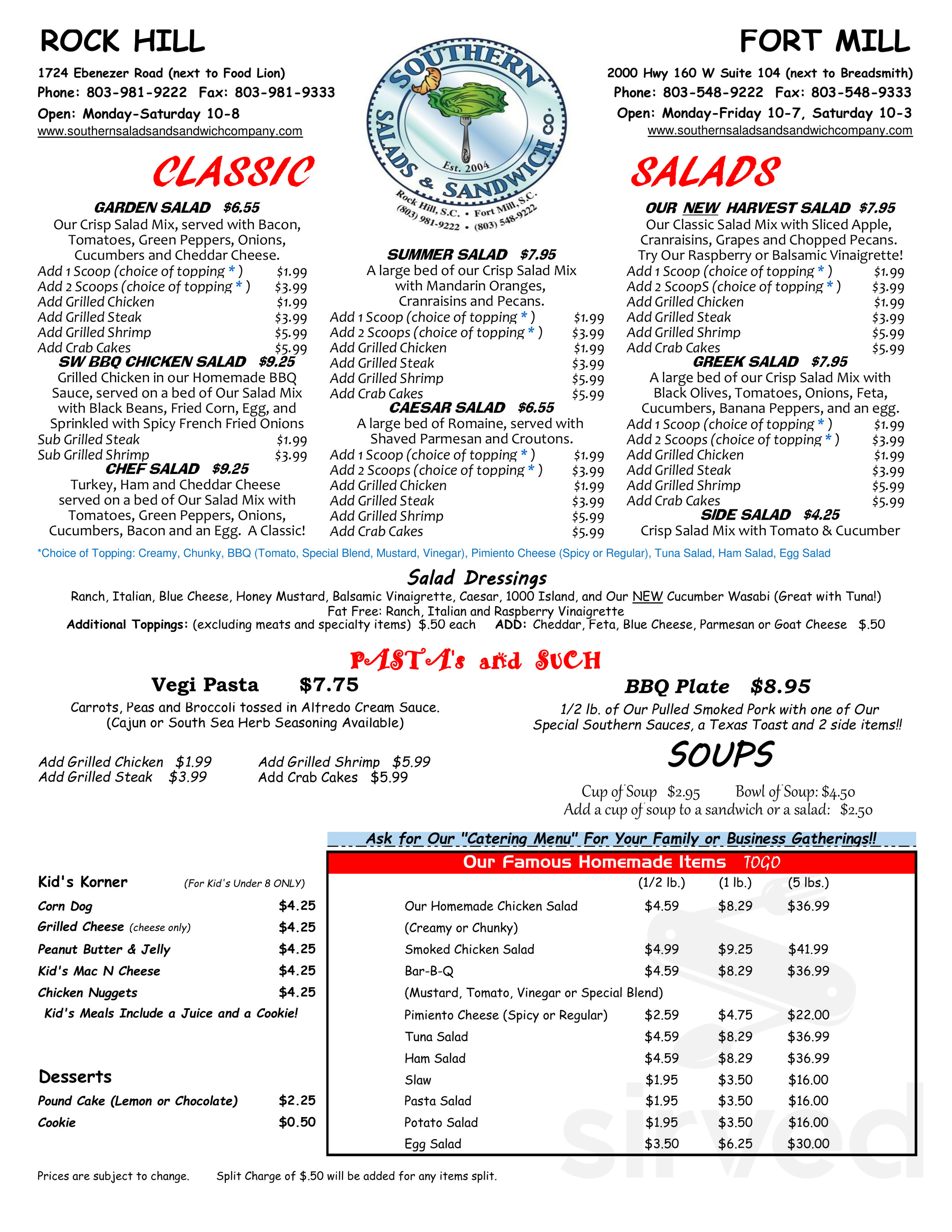 Southern Salads and Sandwich Company menu in Fort Mill, South Carolina, USA