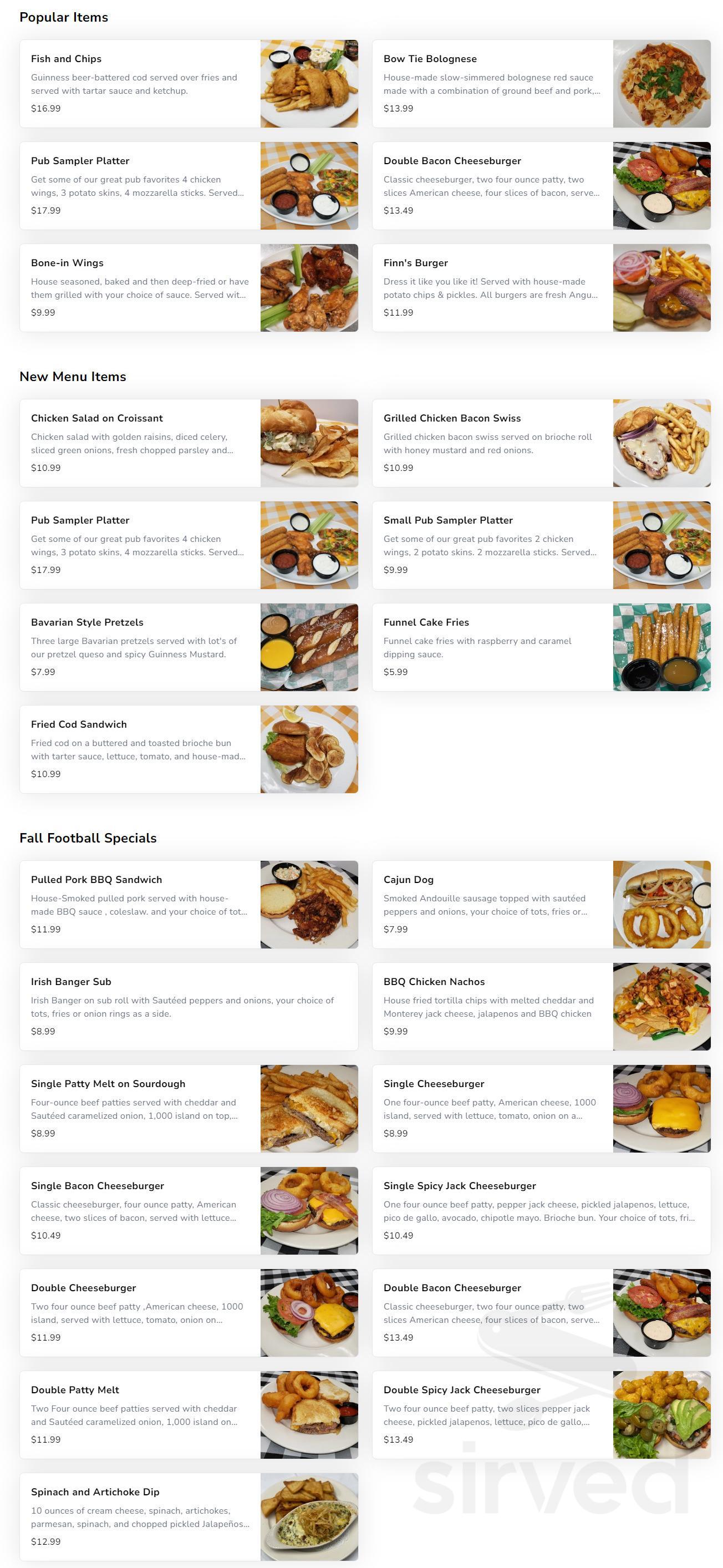 Menu - Ashburn VA's Finnegan's Grill & Irish Pub | Sirved