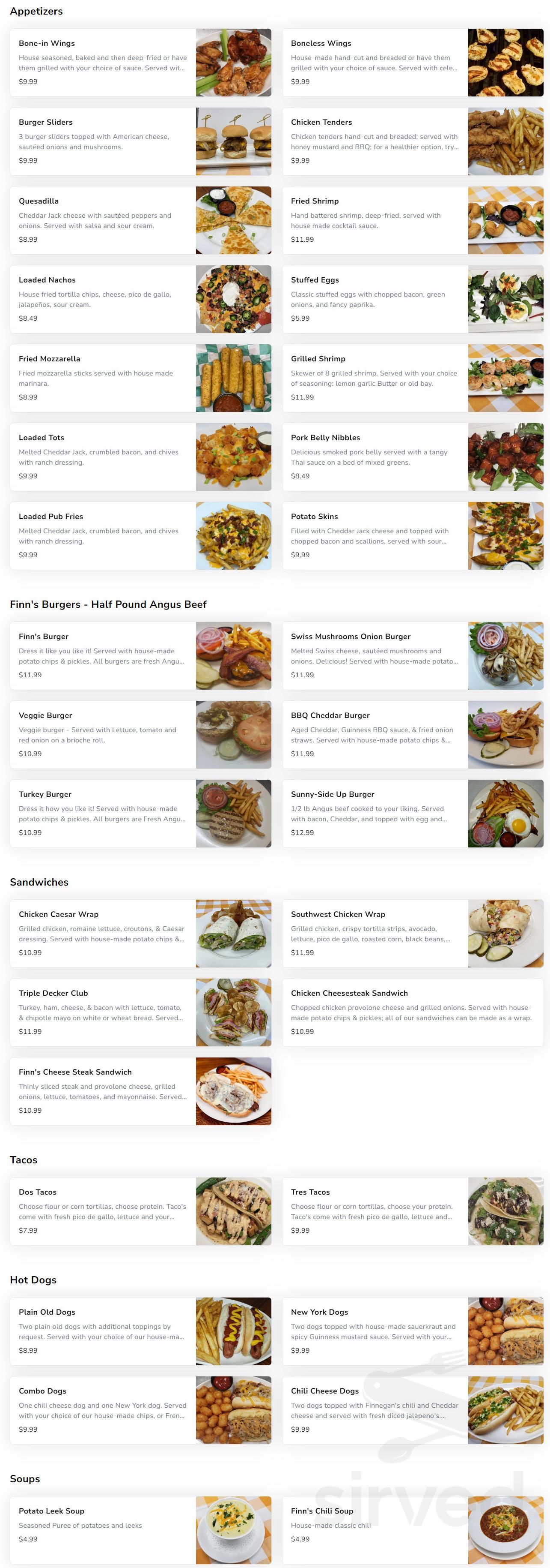 Menu - Ashburn VA's Finnegan's Grill & Irish Pub | Sirved