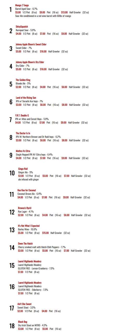 Bloom Brew menu in West Newton, Pennsylvania, USA